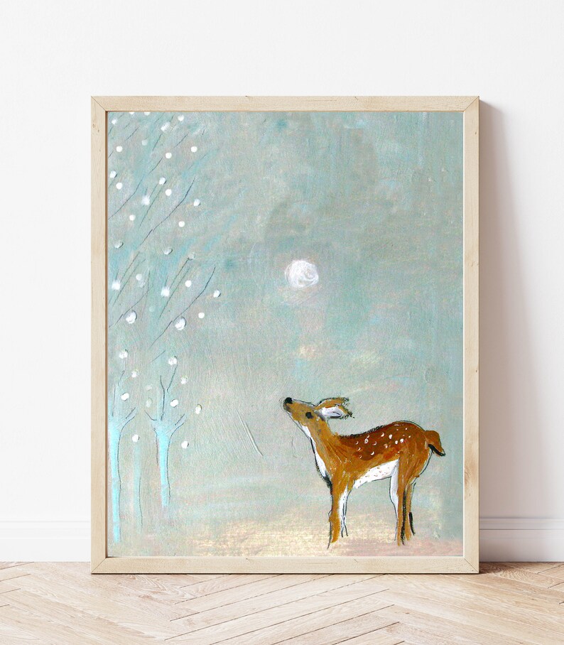 Fawn Winter Scene Fawn Art Print Deer Wall Art Whimsical | Etsy