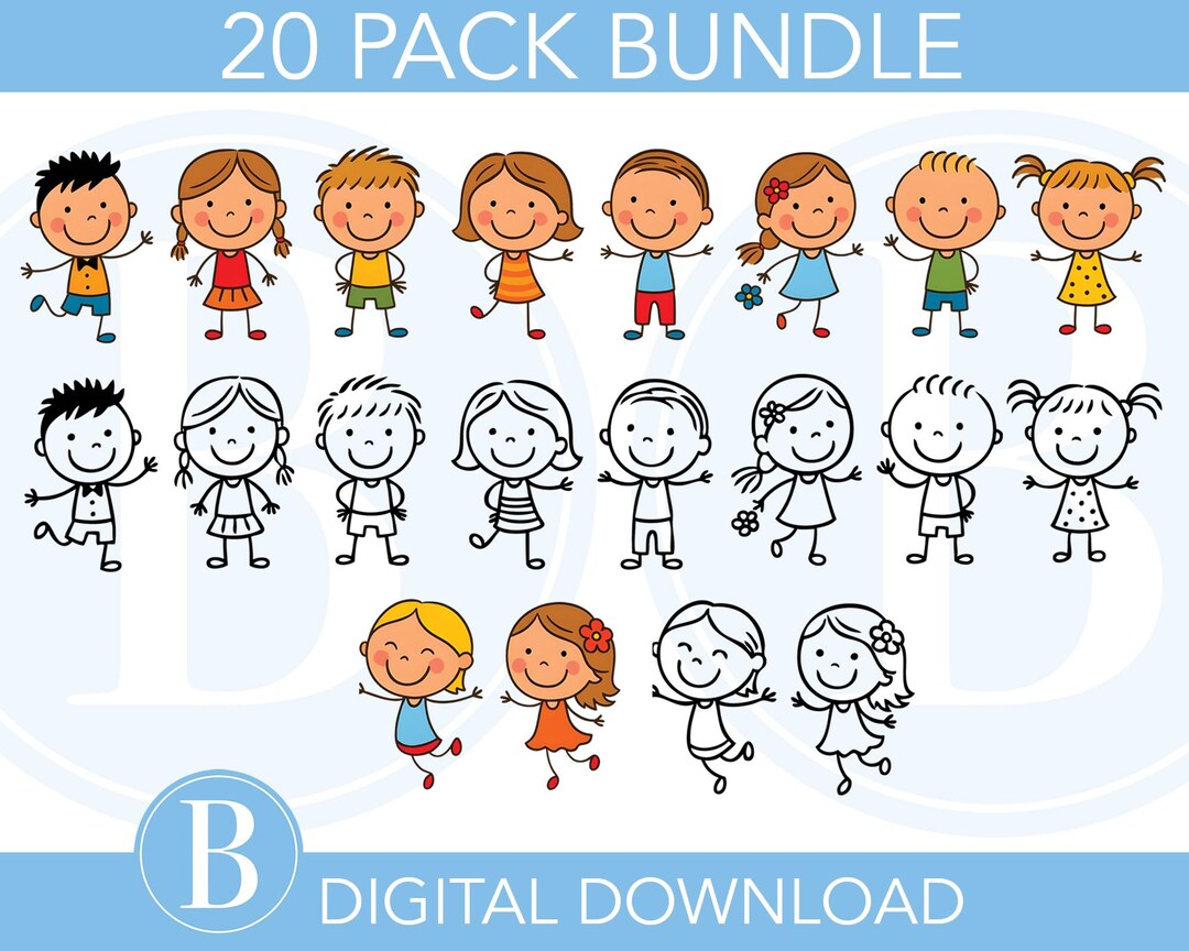 Happy Doodle Kids Clipart Set, Stick Figure PNG Files for Download ...