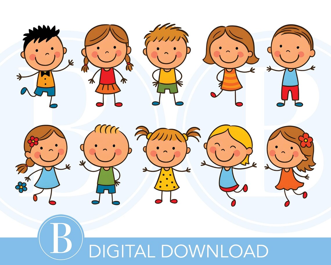 Happy Doodle Kids Clipart Set, Stick Figure PNG Files for Download ...
