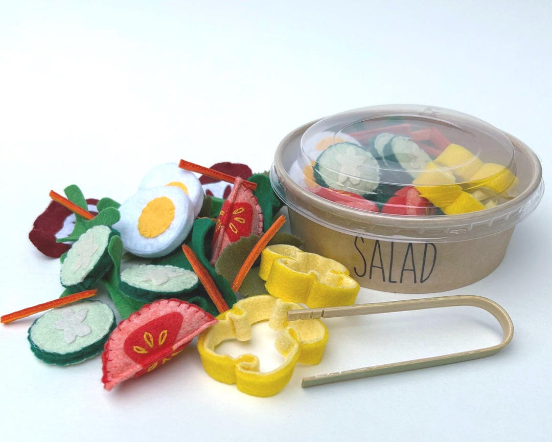 Felt Play Food Salad Set: Toy Kitchen Food With Tongs in Take-away ...