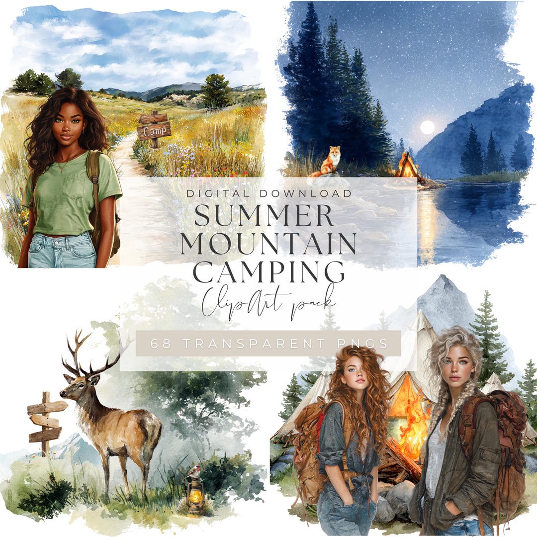 68 Watercolor Camping Clipart: Summer Mountain Adventure Pngs (digital ...