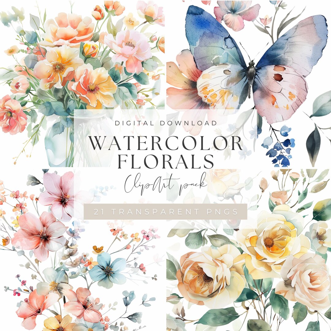 21 Watercolor Floral Clipart: Pastel Flowers, Butterflies, Frames ...