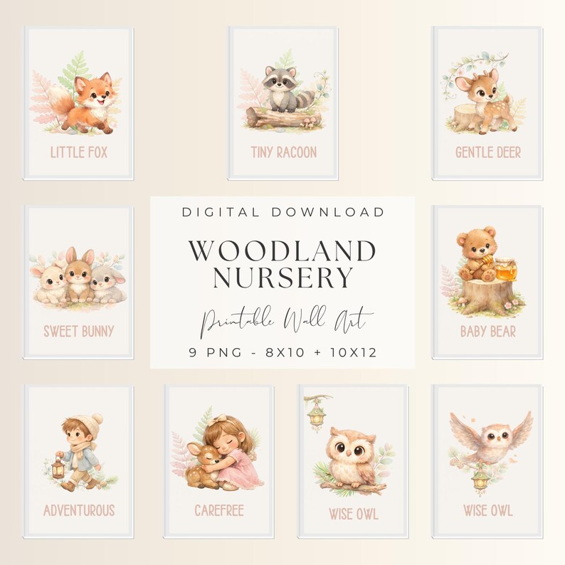 9 Woodland Nursery Animal Prints | Watercolor Art Set (digital Download ...