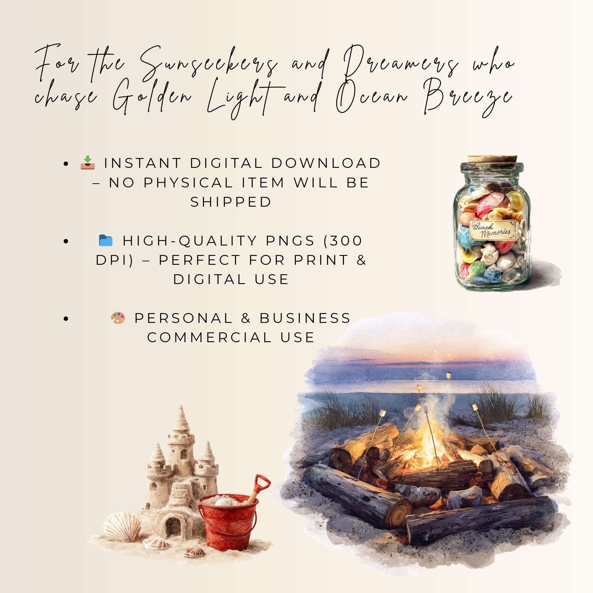 Watercolor Beach Day Clip Art: Summer Vacation Illustrations (digital ...