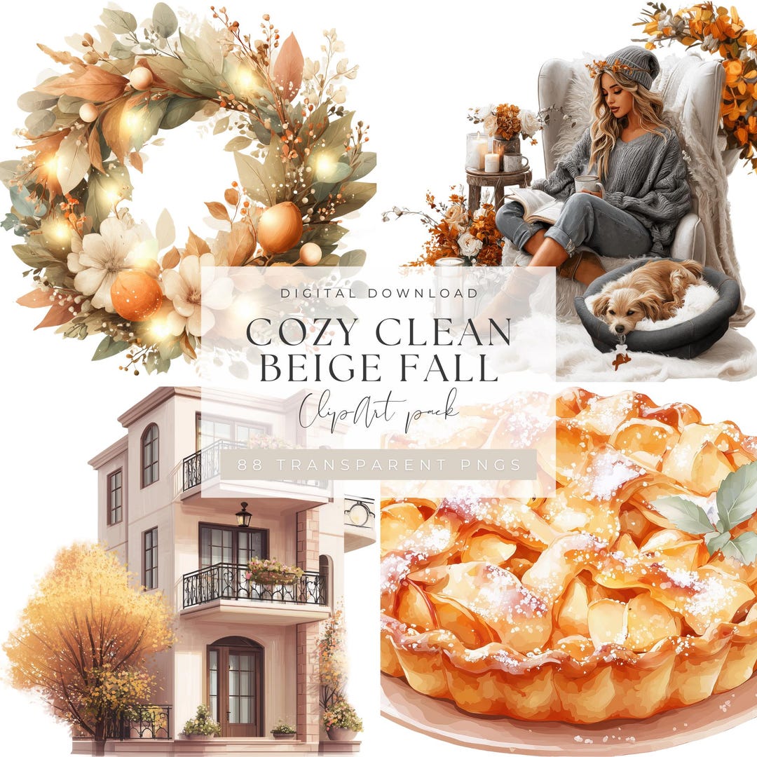 Cozy Beige Fall Clip Art Bundle: 88 Autumn Illustrations (PNG, 300 DPI ...