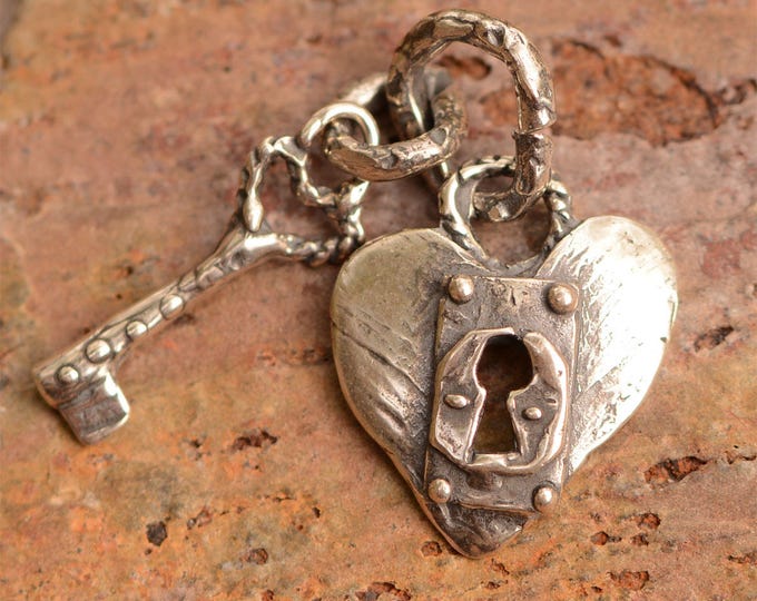 Sterling Silver Heart Lock With Key Charm With Jump Rings - Etsy