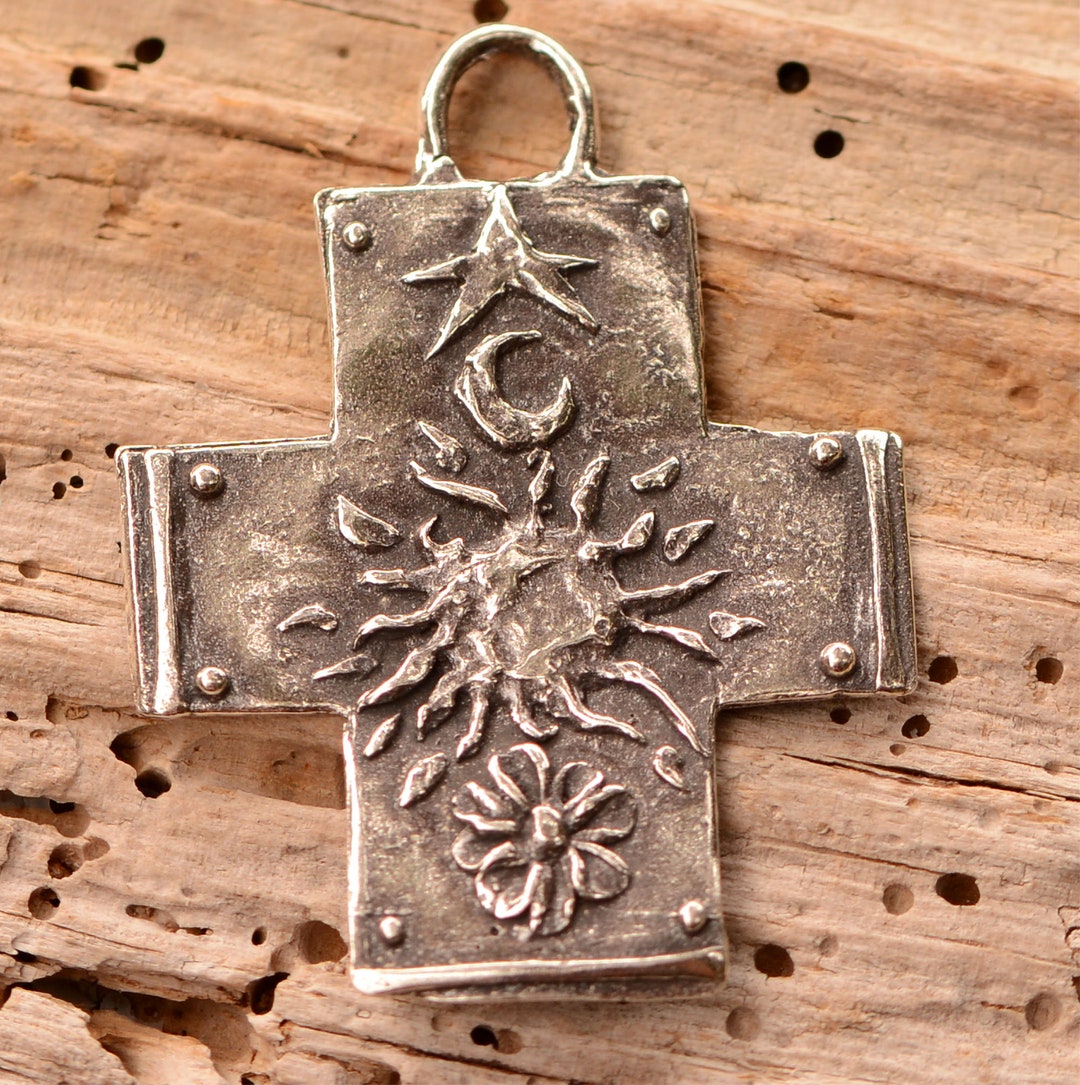 Artisan Cross With Sun Moon Star and Flower Sterling - Etsy