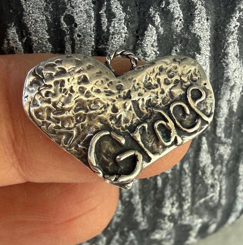 Grace Heart Charm, Rustic Sterling Silver, SS-627 - Etsy