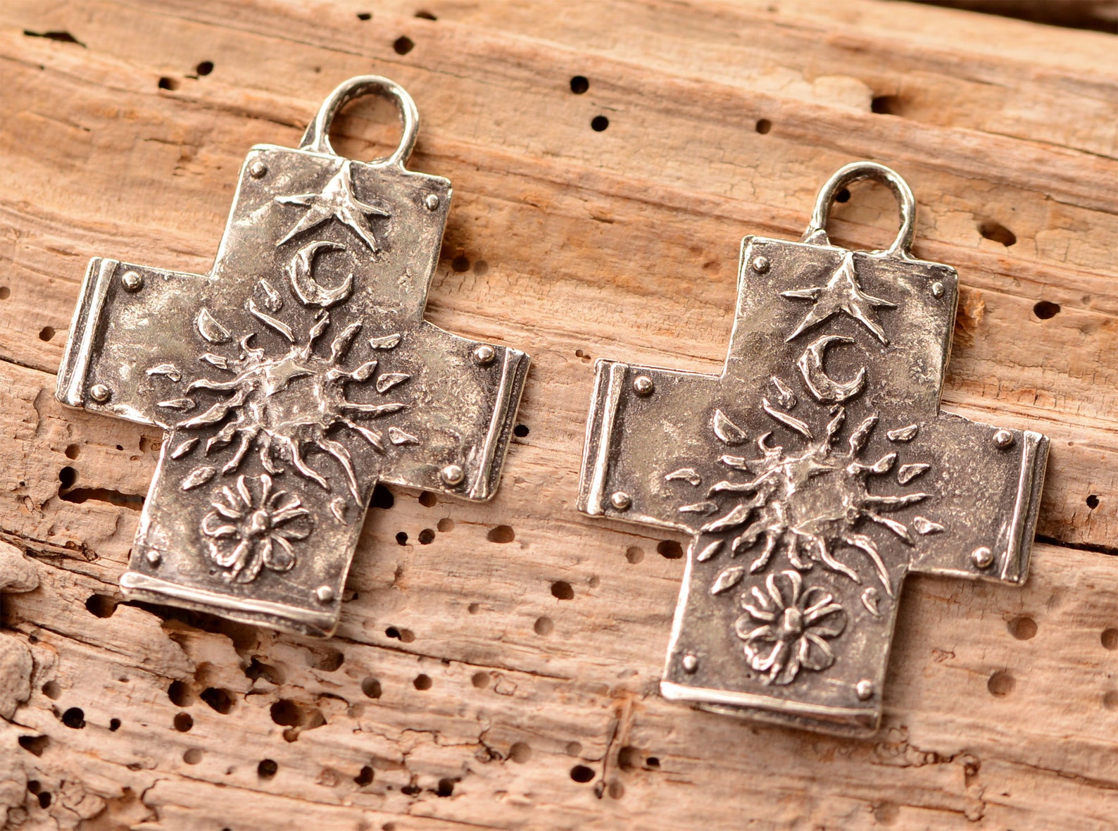 Artisan Cross With Sun Moon Star and Flower Sterling - Etsy