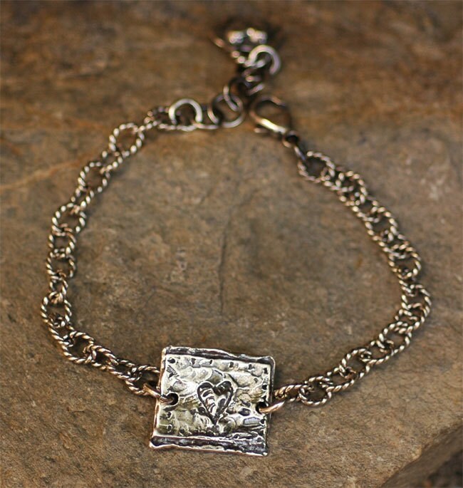 Artisan Textured Square Link W Etched Heart in Sterling - Etsy