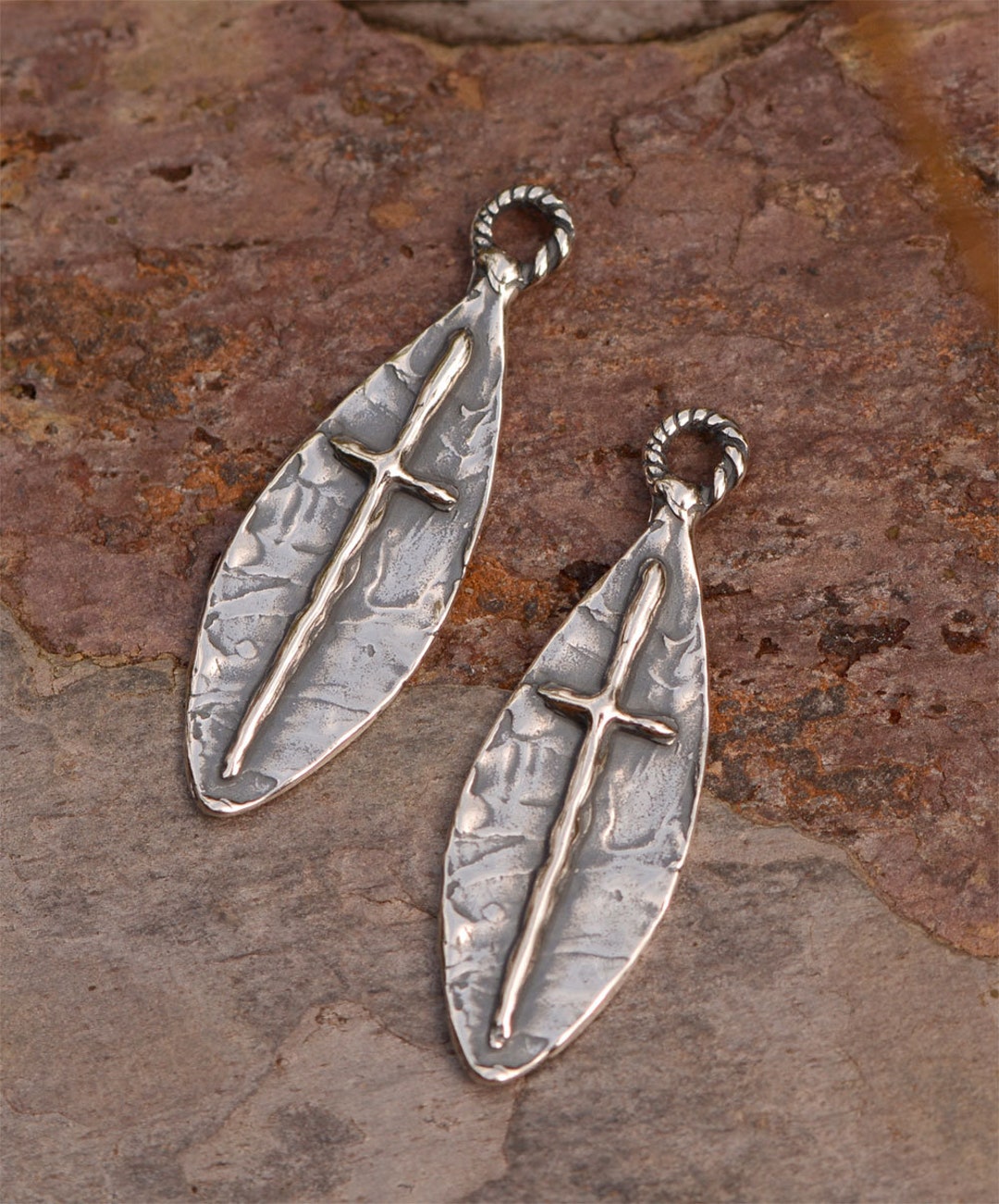 Long Oval Cross // Artisan Cross Charm // Sterling Silver Cross // Catd ...