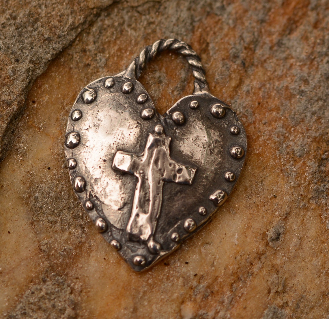 Heart With Cross Dotted Edge Heart With Cross in Sterling - Etsy