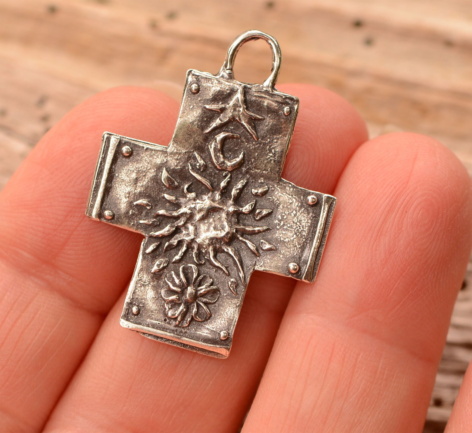 Artisan Cross With Sun Moon Star and Flower Sterling - Etsy