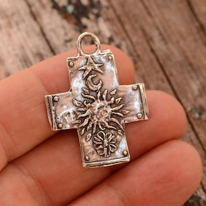 Artisan Cross With Sun, Moon, Star and Flower, Sterling Silver, Catd ...