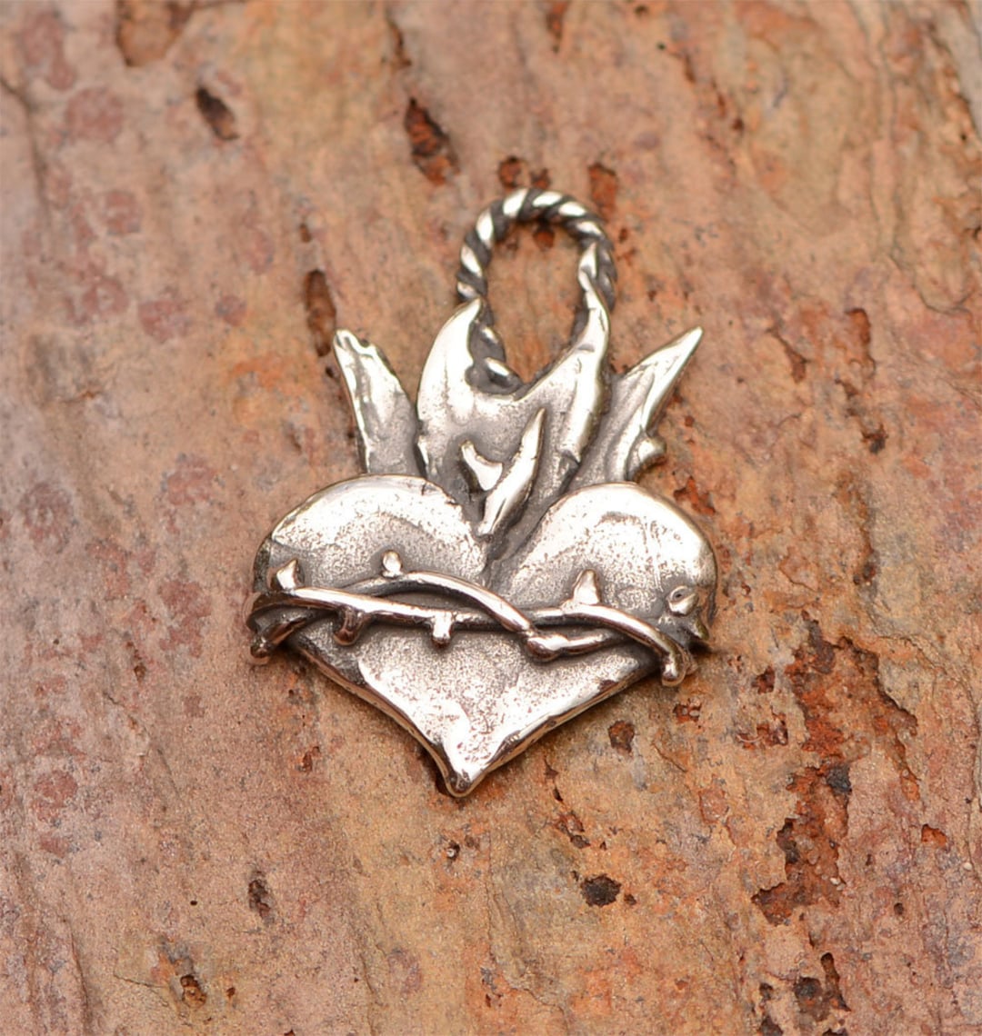 Sterling Silver Sacred Heart With Thorns, Crown of Thorns Heart Charm ...