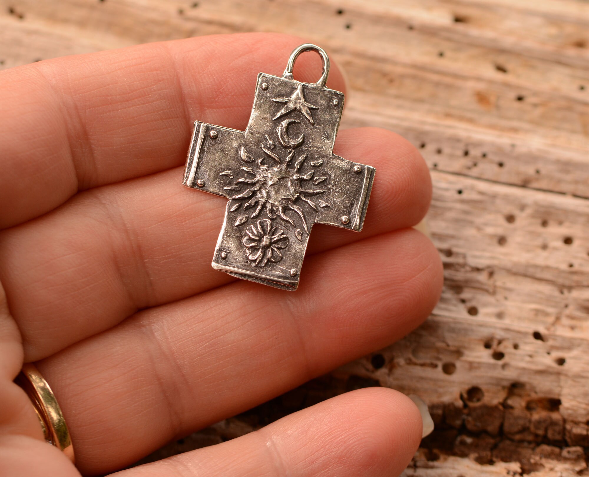 Artisan Cross With Sun Moon Star and Flower Sterling - Etsy