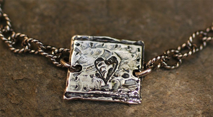 Artisan Textured Square Link W Etched Heart in Sterling - Etsy