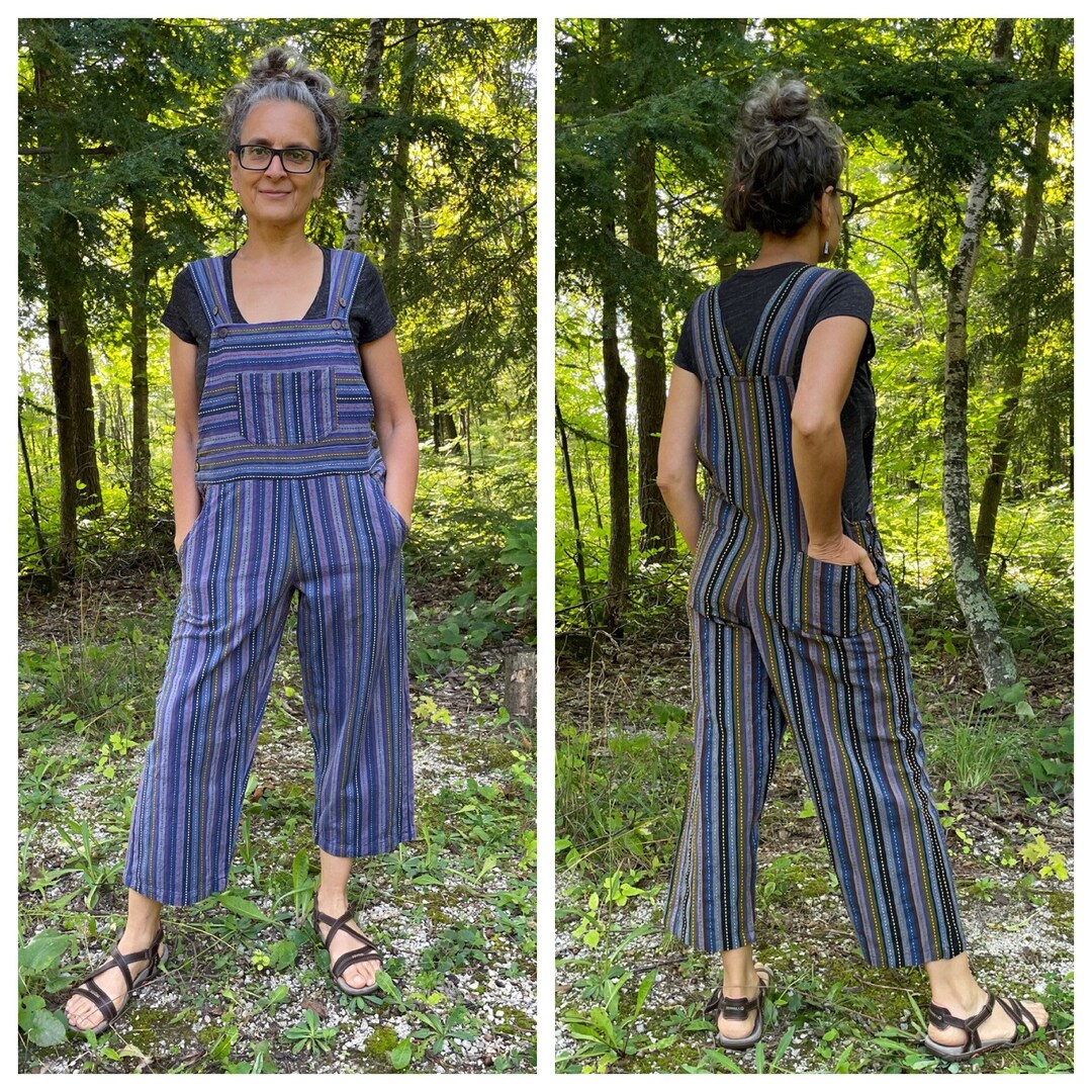 Xss Blue Bib Overalls In Royal Blues And Night Blues Embroidered Stripes Cropped Bib Romper