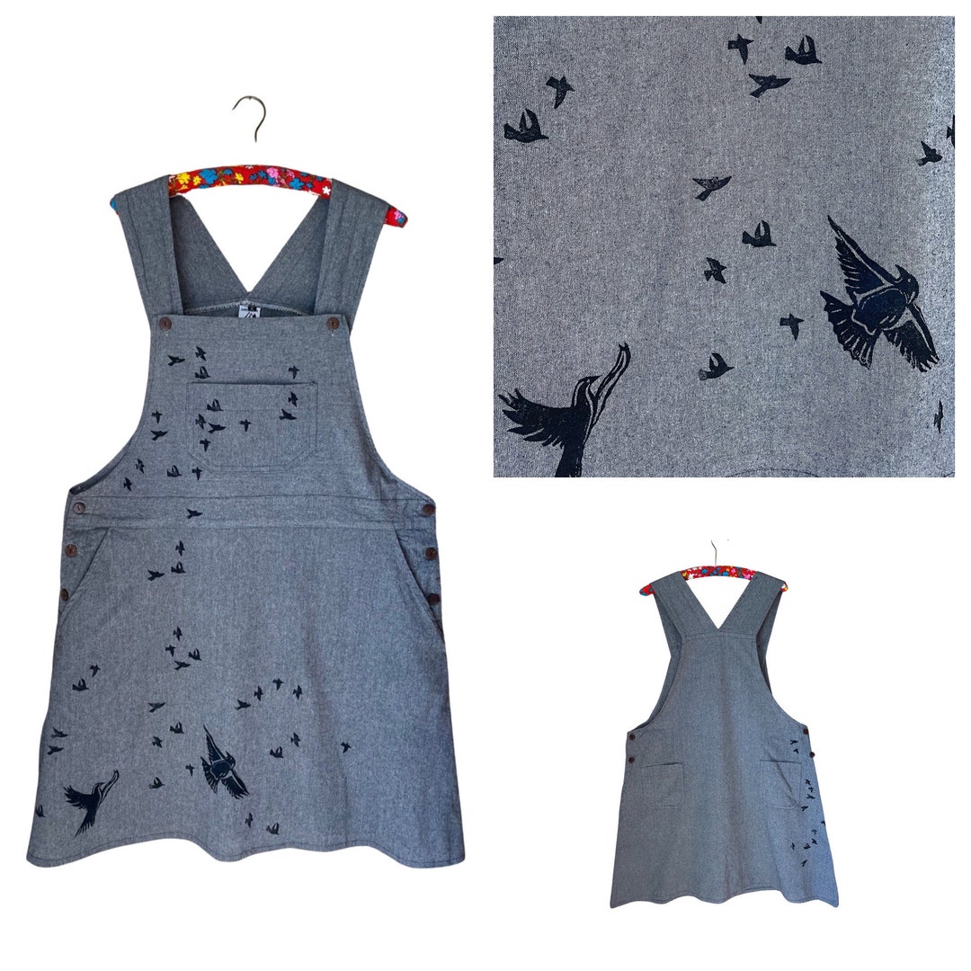 Raven and Her Kin Bib Overall Dress Grey Bib Jumper With Hand Printed ...