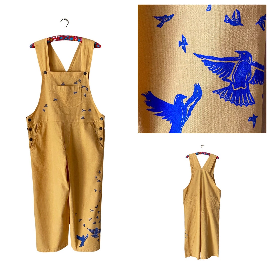 Size Large Blue Bird Bibs Hand Printed One of a Kind Bib Romper Cropped ...