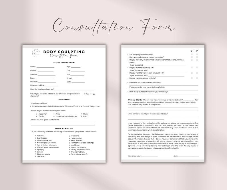 Body Sculpting and Contouring Intake Forms, Editable Esthetician Client ...