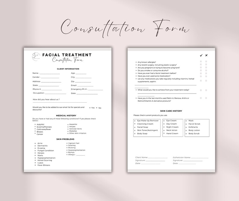 Editable Esthetician Facial Treatment Forms Skincare Consent & Consultation Template Client ...
