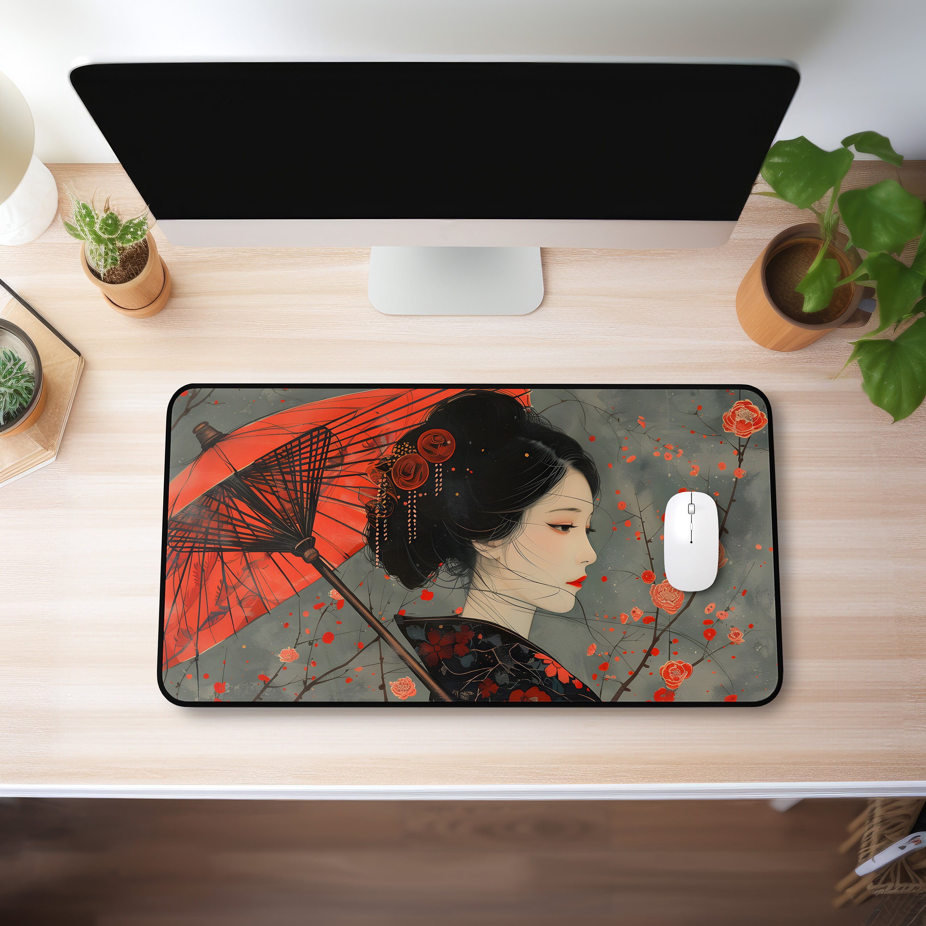 Geisha Girl Red Umbrella Illustration Japan Kawaii Anime Desk Mat Cute ...