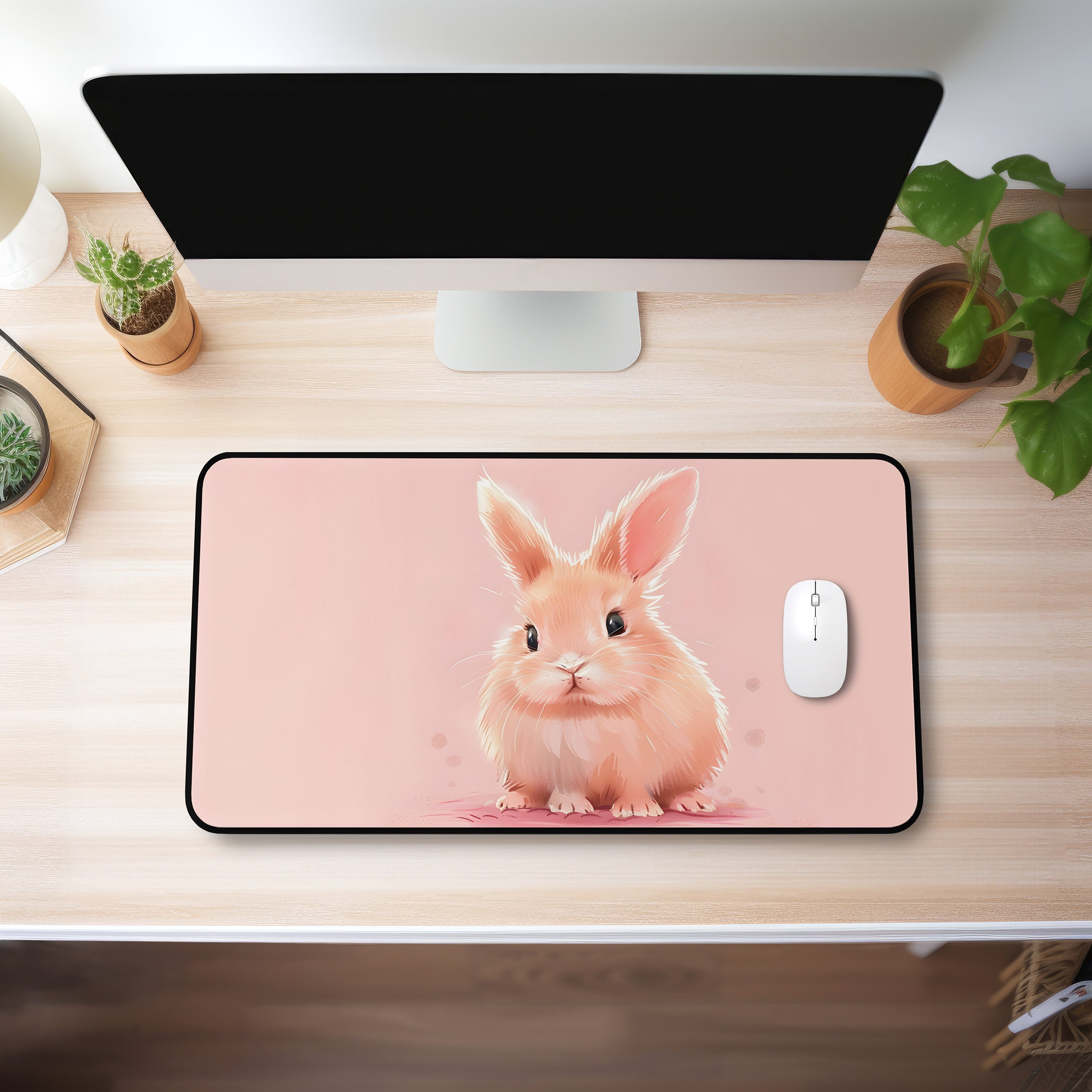 Cute Pink Bunny Mousepad Cute Gaming Mousepad Animal Desk Mat Pastel ...