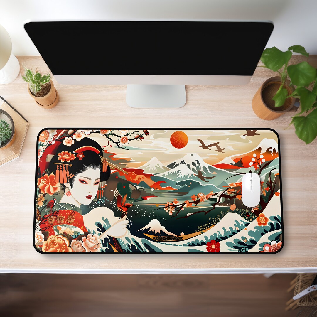 Geisha Great Wave Mt. Fuji Japanese Desk Mat Gaming Mousepad Large ...