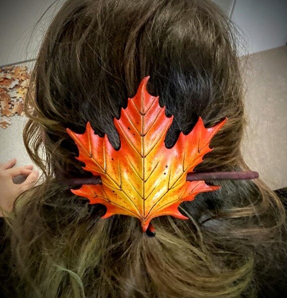 Maple leaf hair barretteoriginalhandmadeleathermaple | Etsy