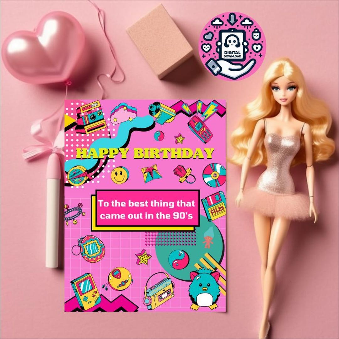 90s Birthday Card, Millennials, Furby, Gameboy, Barbie, Polaroid Camera ...