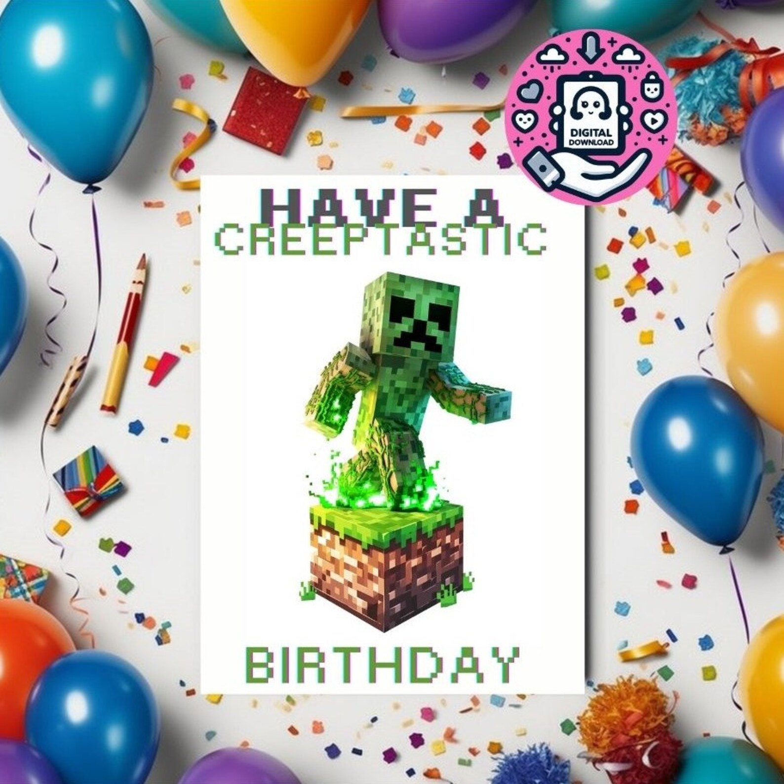 Creeper Minecraft Birthday Card, Minecraft, Digital Download, Greeting ...