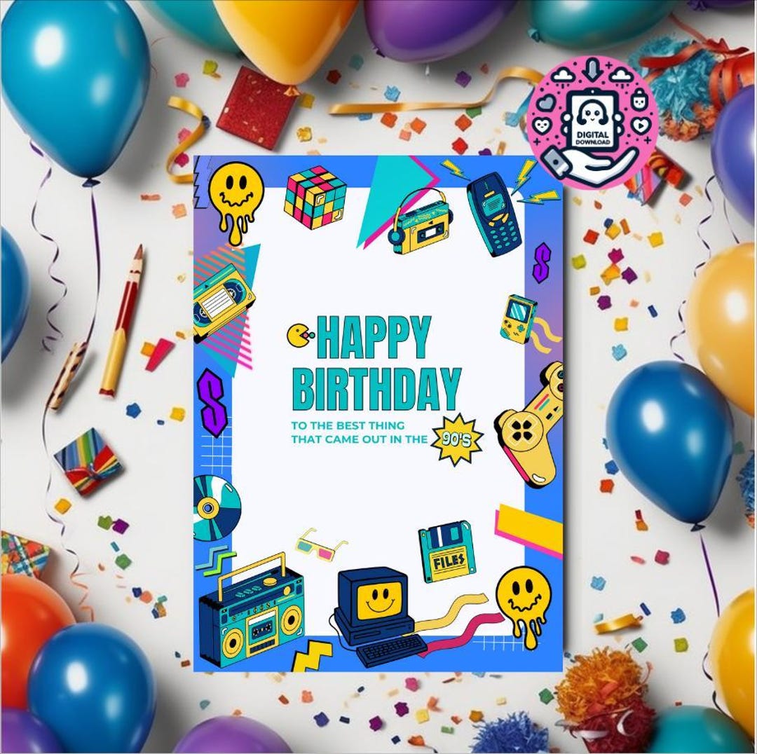 90s Birthday Card, Digital Download, Gameboy, Pc, Smiley, Nokia, Vhs ...
