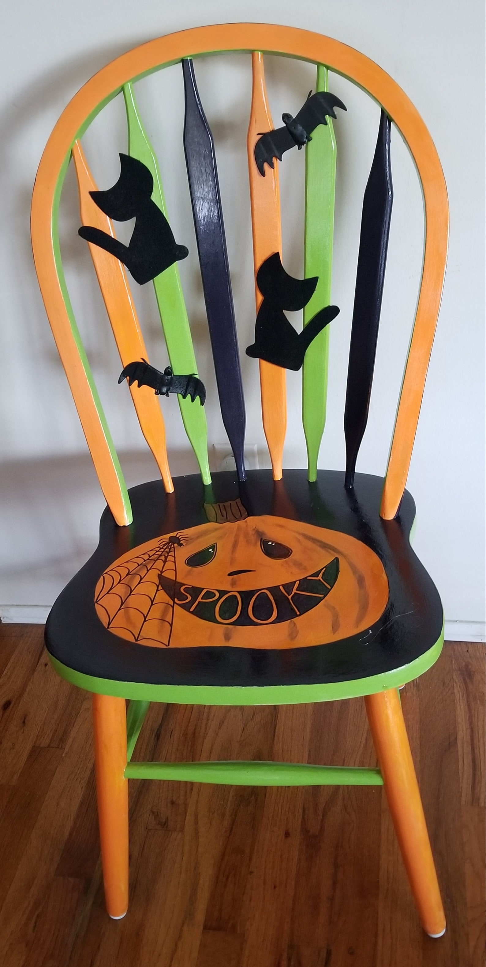 Decorated Halloween Spooky Pumpkin Chair With Bat and Cat Silhouettes ...