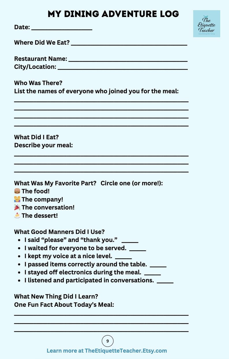 Kids' Dining Etiquette Guide | Fun Table Manners Workbook (PDF) - Etsy