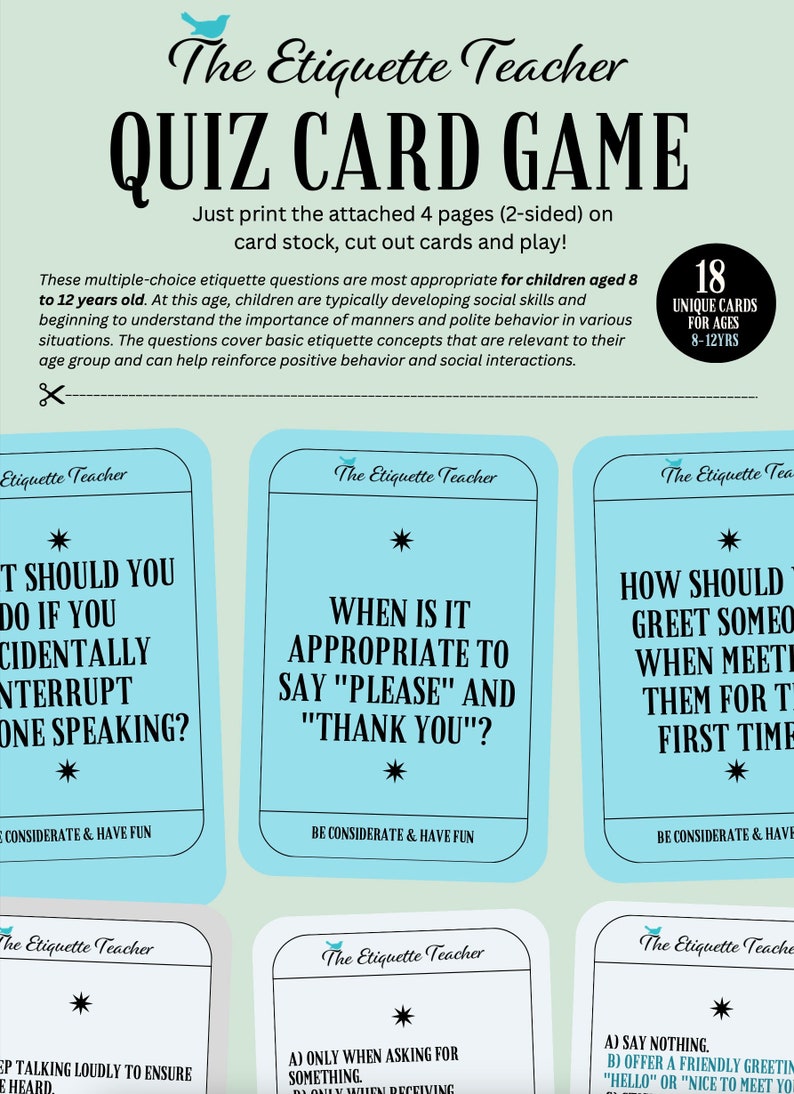 Etiquette Quiz Card Game for Kids (ages 8-12) (digital Download) - Etsy
