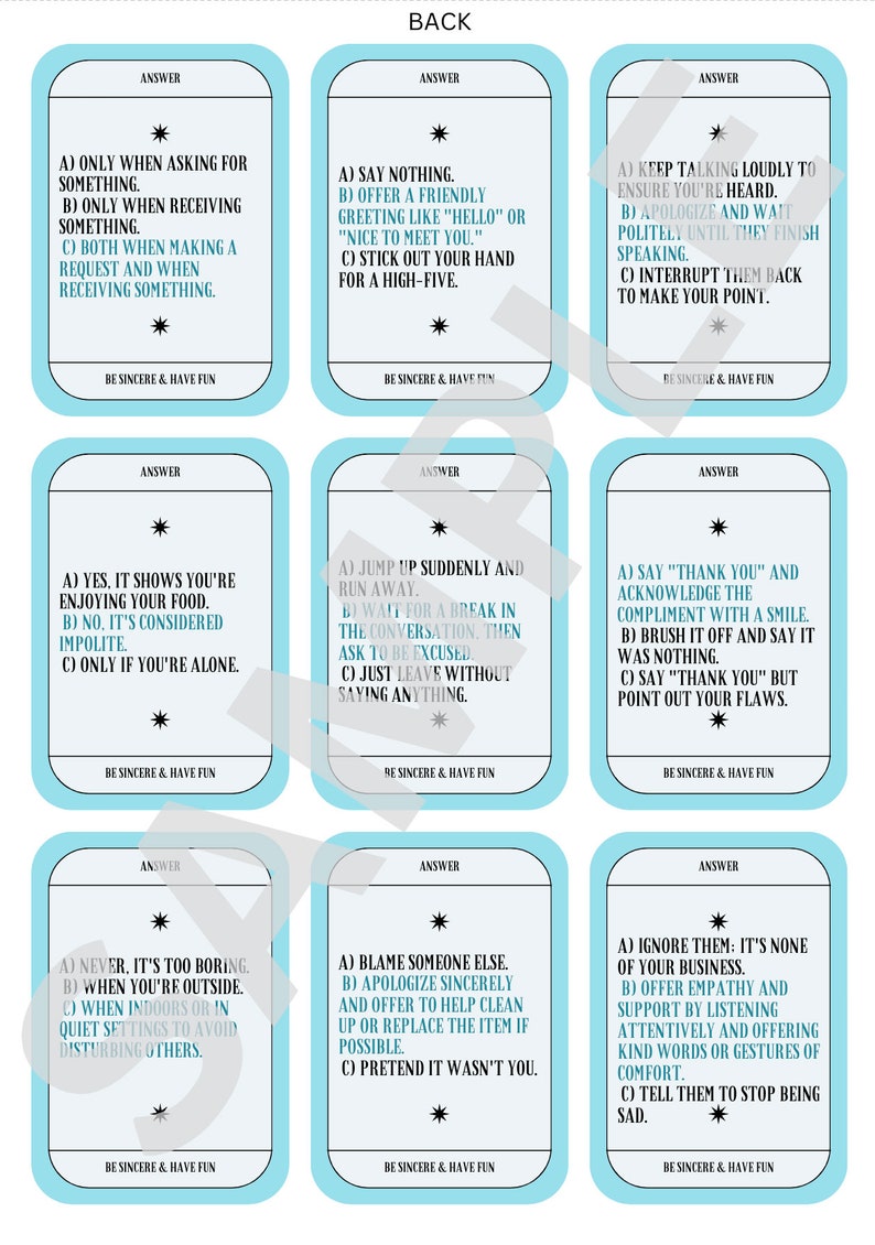 Etiquette Quiz Card Game for Kids (ages 8-12) (digital Download) - Etsy