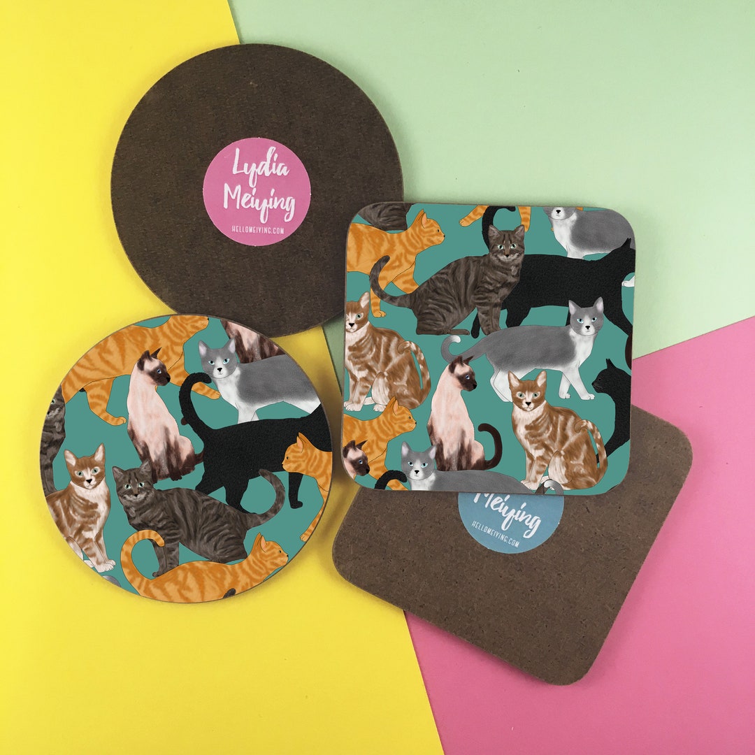 Round or Square Coaster With a Cute Cat Pattern. - Etsy