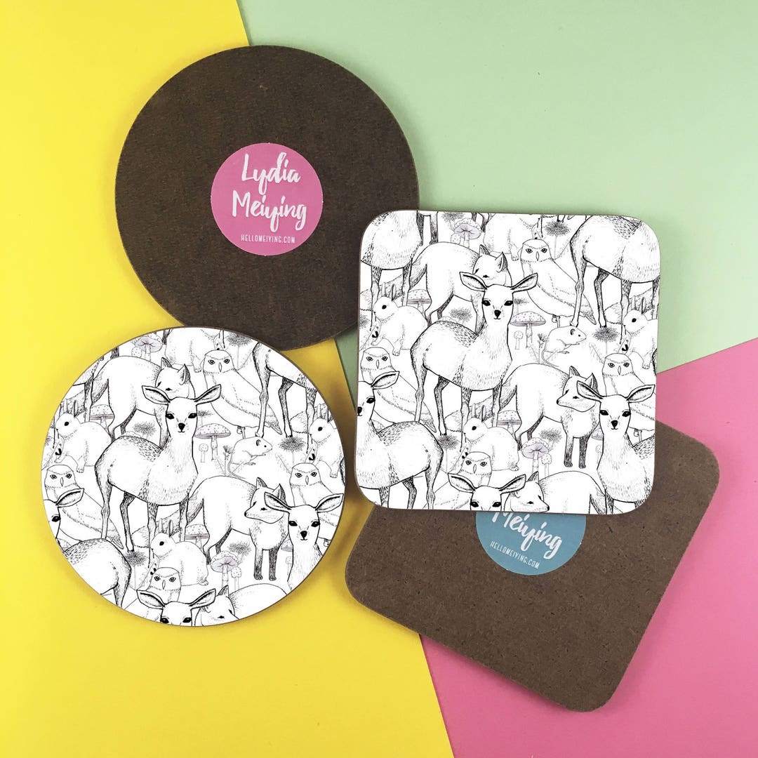 Round or Square Coaster With Woodland Design. A Cute Pattern of Deers ...