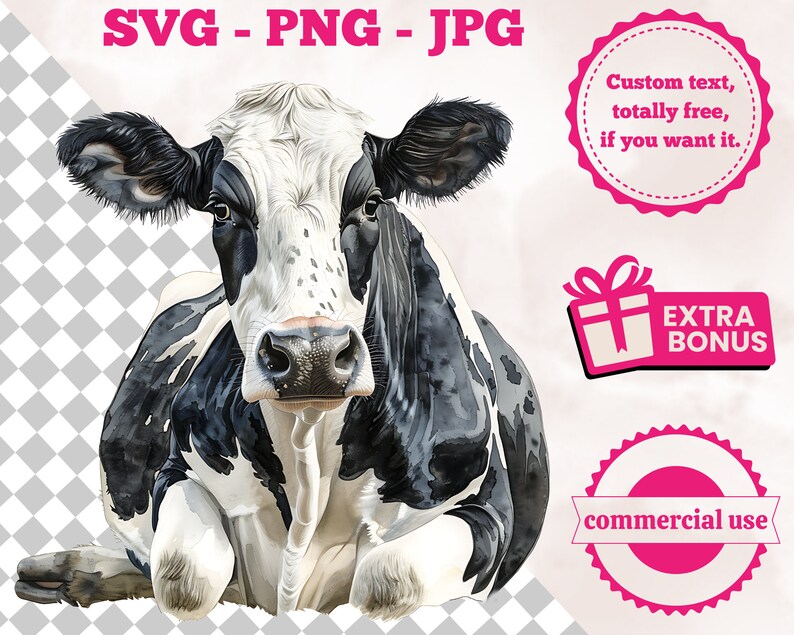 Seated Holstein Cow Customizable Watercolor SVG Clipart Hand-painted ...