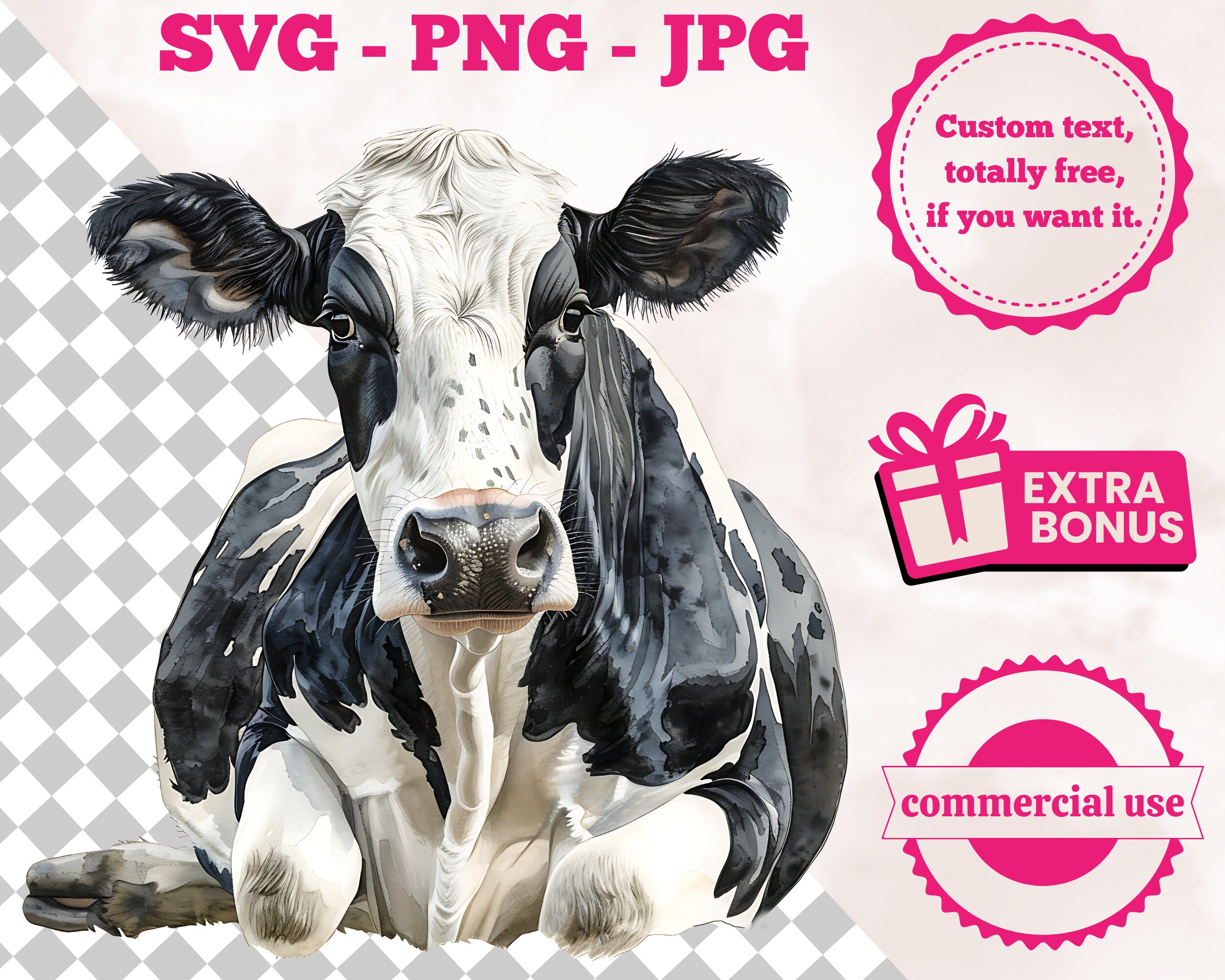 Seated Holstein Cow Customizable Watercolor SVG Clipart Hand-painted ...