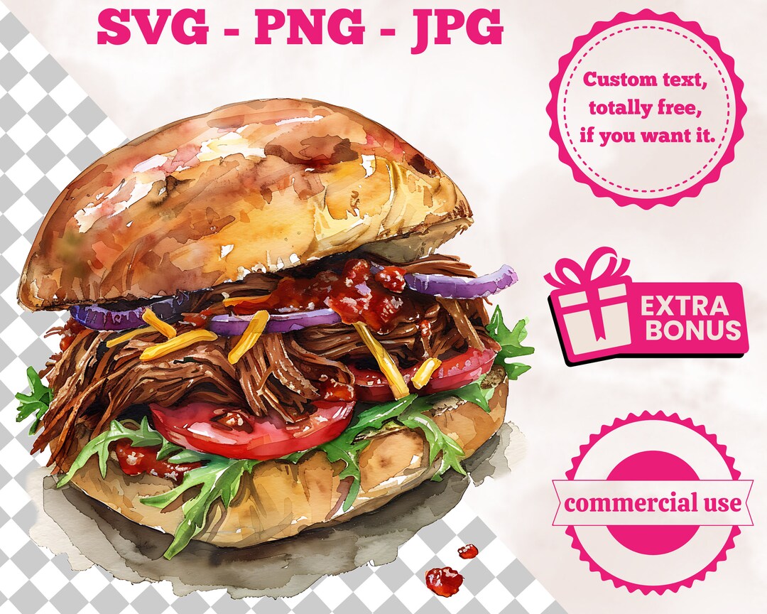 Pulled Pork SVG Handcrafted Watercolor Clipart Digital Download With ...