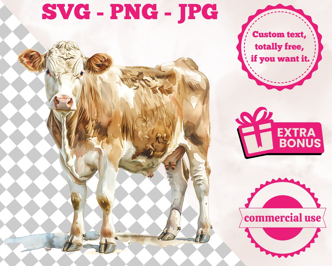 Farm Simmental Cow Customizable Watercolor SVG Clipart Hand-painted ...
