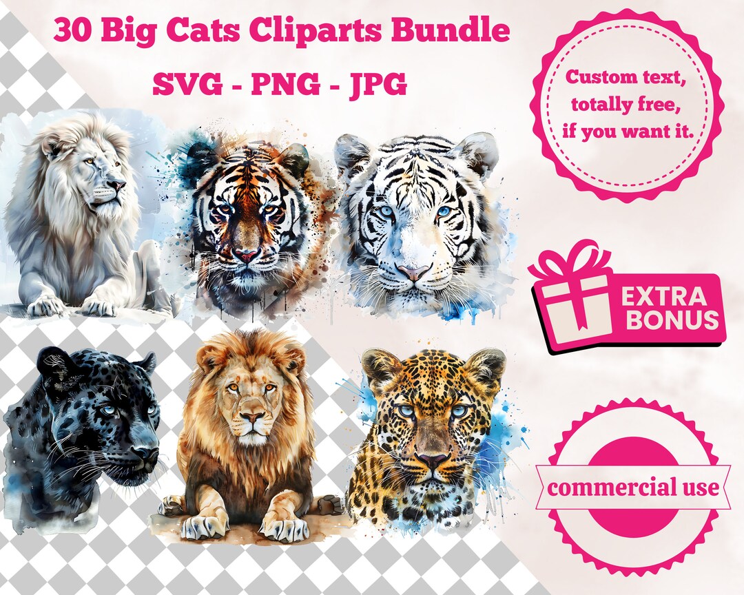 30 Big Cats Cliparts Bundle Customizable Watercolor SVG Cliparts Hand ...