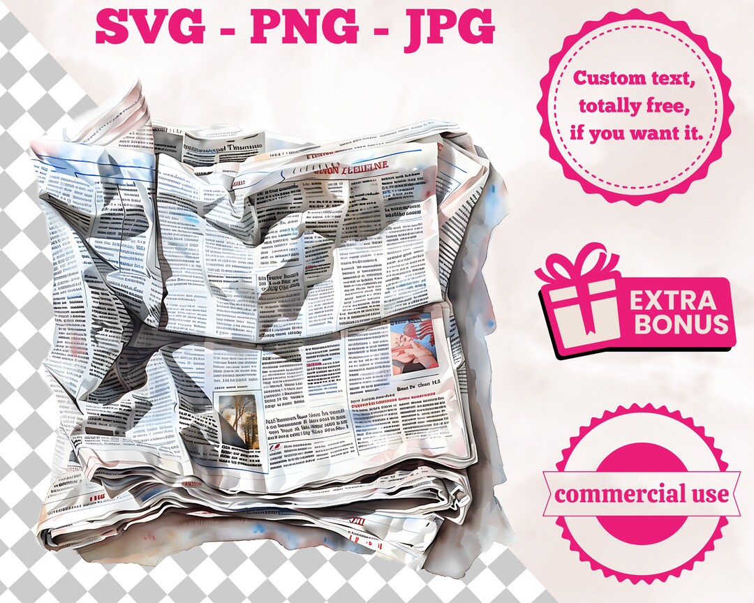 Crumpled Newspaper SVG Handcrafted Watercolor Clipart Digital Download ...