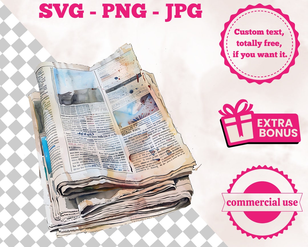 Newspaper SVG Handcrafted Watercolor Clipart Digital Download With ...