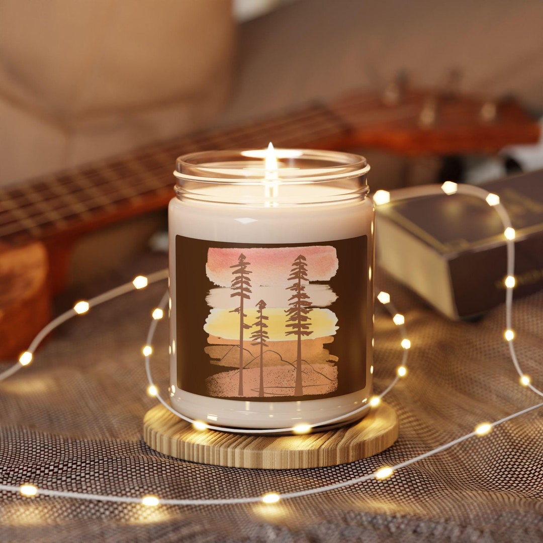 Tall Pines Soy Candle, Pine Tree Decor, Brush Stroke Background, Sunset ...