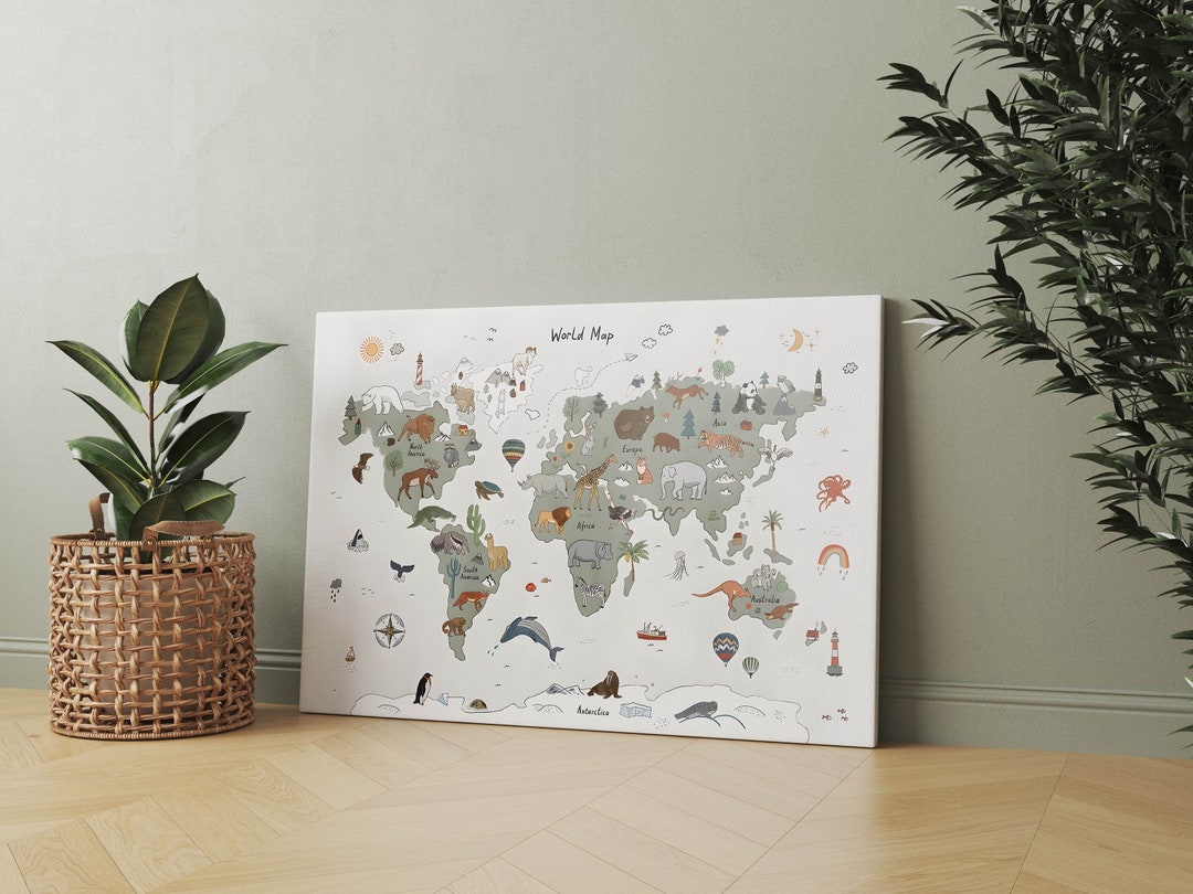 Kids Animal Map Canvas, World Map Tapestry, Animal Themed Wall Art ...