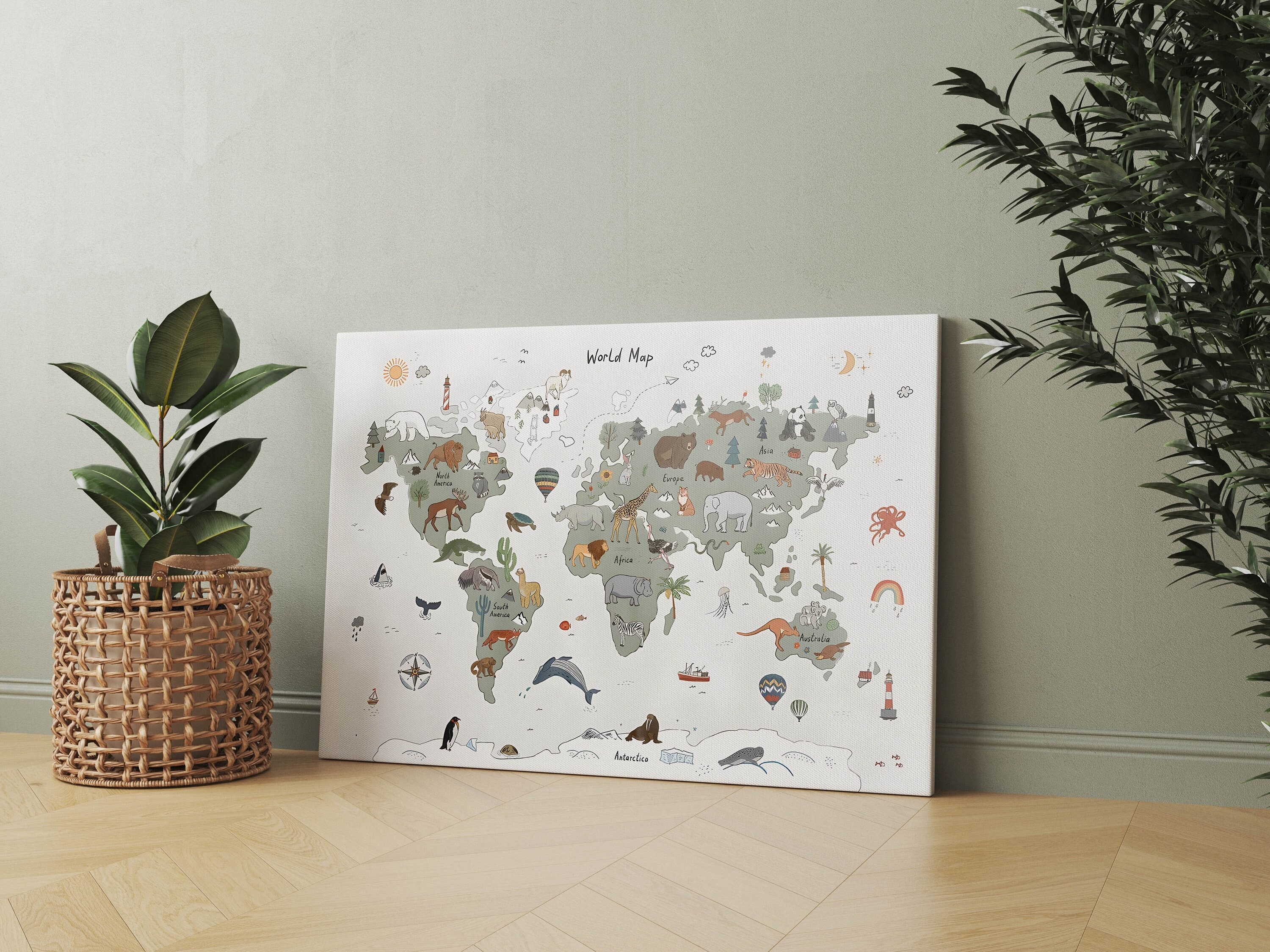Kids Animal Map Canvas, World Map Tapestry, Animal Themed Wall Art ...