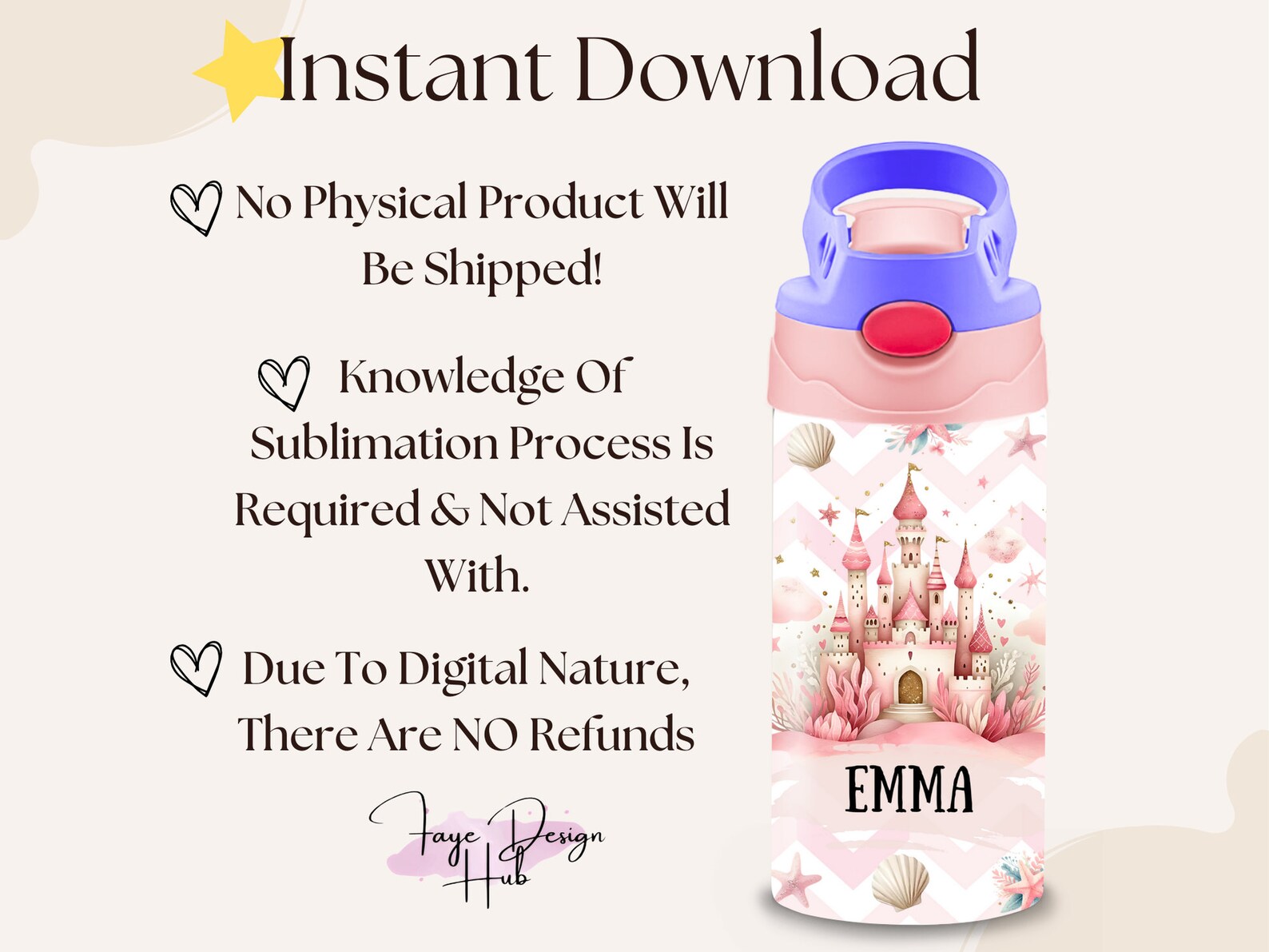 Princess Kids Sublimation Design Kids Personalized Water Bottle Flip ...